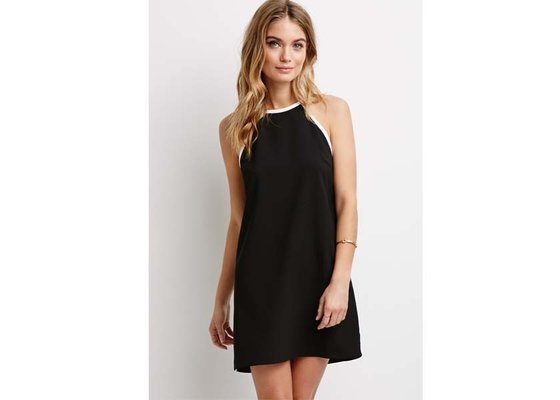 Contrast Trimmed Halter Casual Womens Dresses / Summer Black Shift Dress