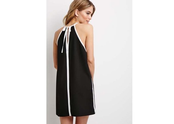 Contrast Trimmed Halter Casual Womens Dresses / Summer Black Shift Dress