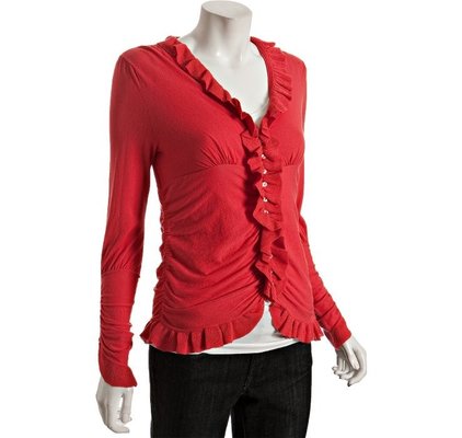 Red Ruched Ruffle V Neck Womens Knitted Sweaters For Girls , Young Ladies