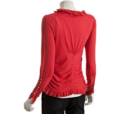 Red Ruched Ruffle V Neck Womens Knitted Sweaters For Girls , Young Ladies