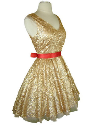 Custom Gold Sequins Pinup V Neck Ladies Cocktail Dresses With Bowknot