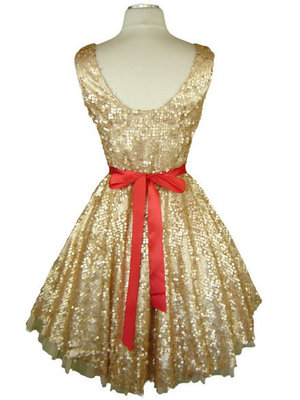 Custom Gold Sequins Pinup V Neck Ladies Cocktail Dresses With Bowknot