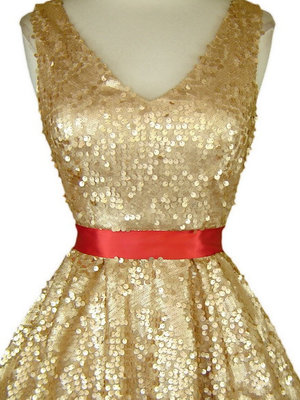 Custom Gold Sequins Pinup V Neck Ladies Cocktail Dresses With Bowknot