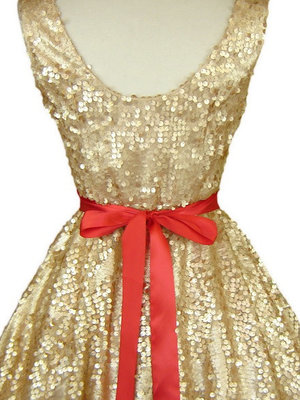Custom Gold Sequins Pinup V Neck Ladies Cocktail Dresses With Bowknot
