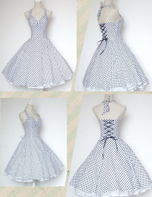 Blue White Pretty Sleeveless Girls Polka Dots Dresses / Halter Neck Prom Dresses For Women