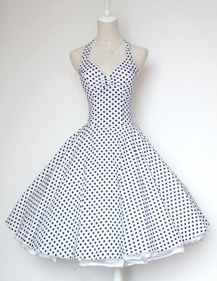 Blue White Pretty Sleeveless Girls Polka Dots Dresses / Halter Neck Prom Dresses For Women