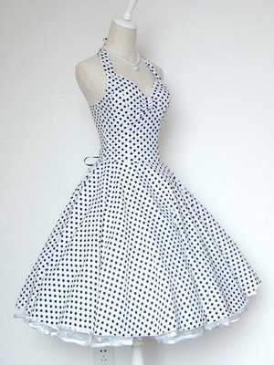 Blue White Pretty Sleeveless Girls Polka Dots Dresses / Halter Neck Prom Dresses For Women