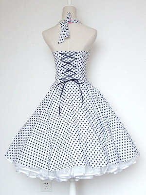Blue White Pretty Sleeveless Girls Polka Dots Dresses / Halter Neck Prom Dresses For Women