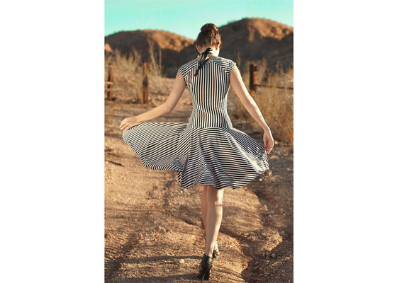 Navy And White Stripes Casual Womens Dresses Fitted Dropwaist With Flared Skirt