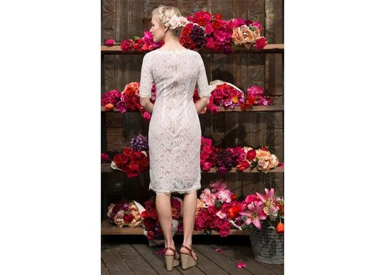 Cream Lace Casual Womens Dresses Half Sleeve Short Dress With 100% Polyester
