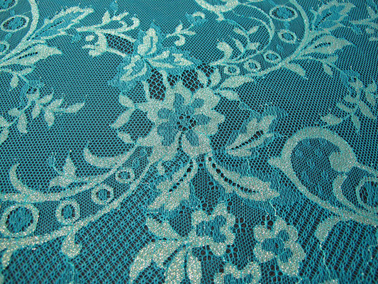 Stretchable Flower Nylon Metallic Lace Fabric Green Knitted For Clothing