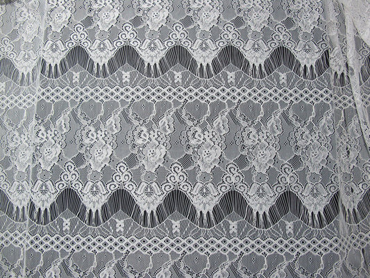 White Floral Nylon Lace Fabric Eyelash Lace Trim For Lady Dress