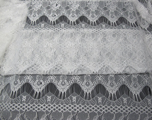 White Floral Nylon Lace Fabric Eyelash Lace Trim For Lady Dress