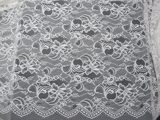 White Nylon Lace Fabric Floral Knitted With Border Lace & Scallop Edge