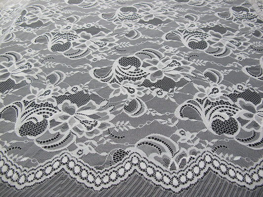 White Nylon Lace Fabric Floral Knitted With Border Lace & Scallop Edge