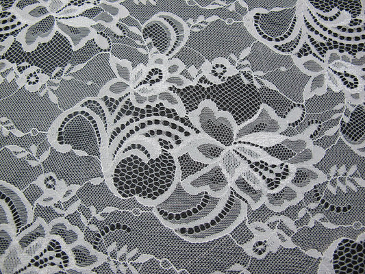 White Nylon Lace Fabric Floral Knitted With Border Lace & Scallop Edge