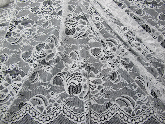 White Nylon Lace Fabric Floral Knitted With Border Lace & Scallop Edge