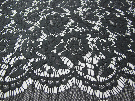 Black Nylon Corded Lace Fabric Floral Knitted Shrink-Resistant