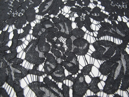 Cotton Nylon Rayon Floral Corded Lace Mesh Fabric Black Eco Friendly SGS BV ITS