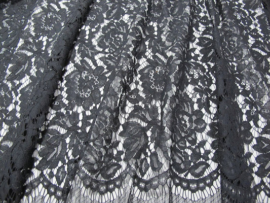 Cotton Nylon Rayon Floral Corded Lace Mesh Fabric Black Eco Friendly SGS BV ITS