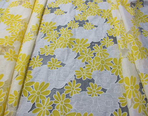 Floral Yellow / Orange Polyester Lace Fabric Cotton Two Tone Burnout Lace with Eco-friendly Dyeing(CY-DK0044)