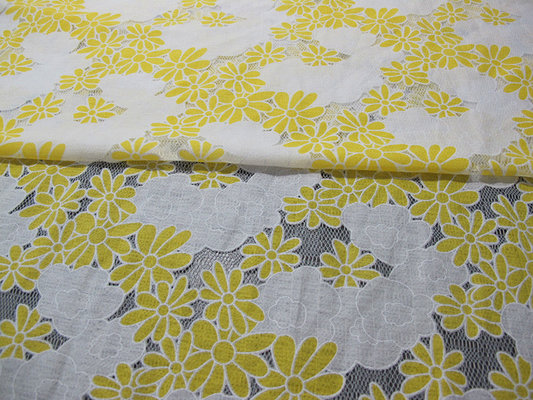 Floral Yellow / Orange Polyester Lace Fabric Cotton Two Tone Burnout Lace with Eco-friendly Dyeing(CY-DK0044)