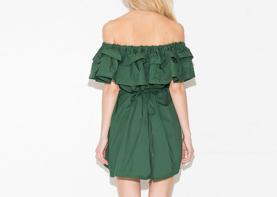 Dark Green Casual Womens Dresses Off The Shoulder Dress With Ruffle