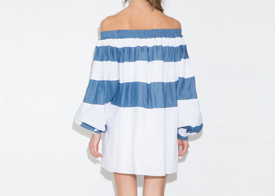 Striped Off The Shoulder Dress Casual Womens Dresses With Bubble Cuff Sleeves
