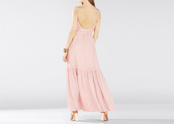 Small Stripes Halter Tiered-hem Maxi Dress For Womens With Drawstring Waistline