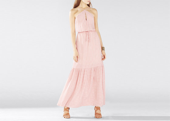 Small Stripes Halter Tiered-hem Maxi Dress For Womens With Drawstring Waistline