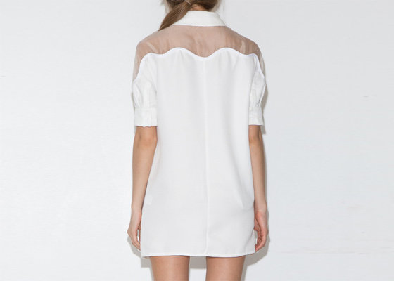 White Diamond Collar Shirt Dress For Women With Knot Tie And Mesh Organza Front