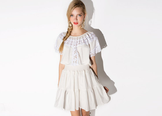 White Boho Ladies Dress With White Cotton Lace Detailing And Ruffled Skirt