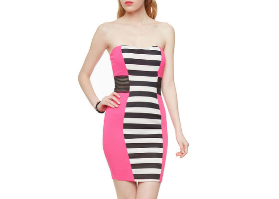 Sweetheart Neckline Striped Bodycon Dress Neon Strapless Evening Party