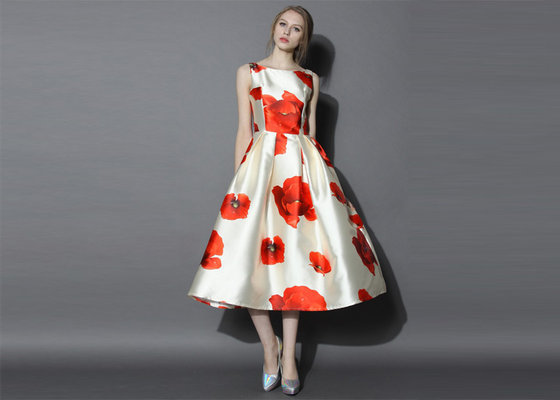Printed Beige Base Evening Party Dresses Round Neckline Sundress