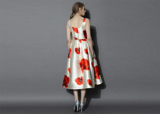 Printed Beige Base Evening Party Dresses Round Neckline Sundress