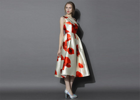 Printed Beige Base Evening Party Dresses Round Neckline Sundress