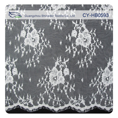 Chantily Nylon Lace Fabric For Wedding Dresses , Scalloped Floral Lace Fabric