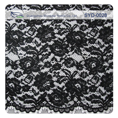 Quality Black Floral Scalloped Edge  Nylon Viscose Cord Lace Fabric , allover length, with scalloped edge