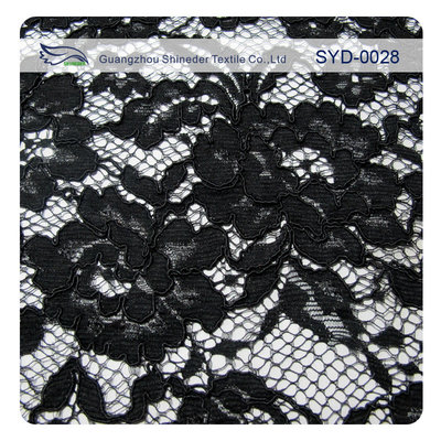 Quality Black Floral Scalloped Edge  Nylon Viscose Cord Lace Fabric , allover length, with scalloped edge