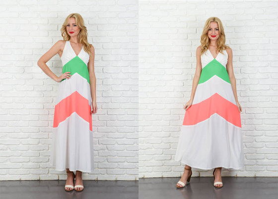 Green Pink Chevron Casual Womens Dresses , Summer Plunging Neckline Long Dress