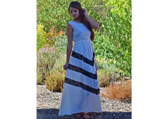 Lace Chevron Casual Womens Dresses , Low V Back Lace Embellished Maxi Dress