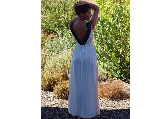 Lace Chevron Casual Womens Dresses , Low V Back Lace Embellished Maxi Dress