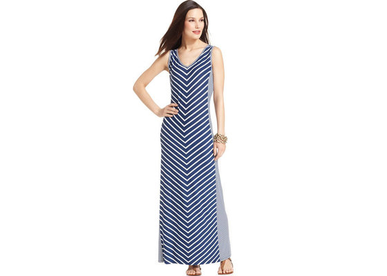 Contrasting Stripes Casual Womens Dresses V Neckline with Washable
