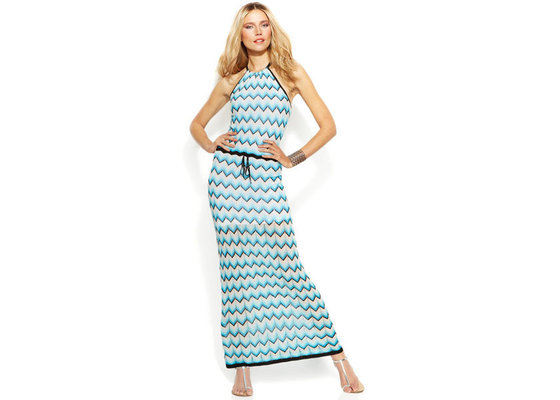 Chevron Knit Halter Casual Womens Dresses Sleeveless With Blue