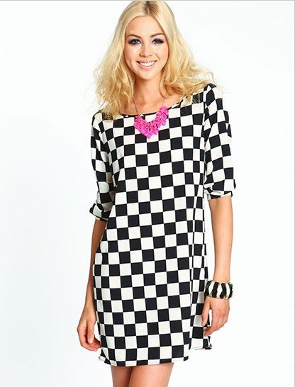 Fashion Short Sleeve Check Print Dress / Short Ladies Knitted Dresses