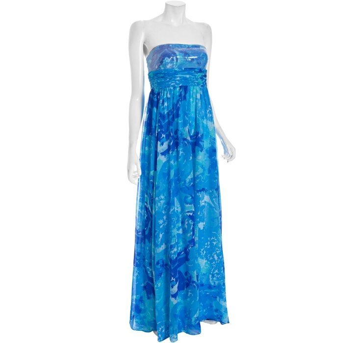 Western Style Silk Floral Print Strapless Womens Party Dresses with Sequin , Blue