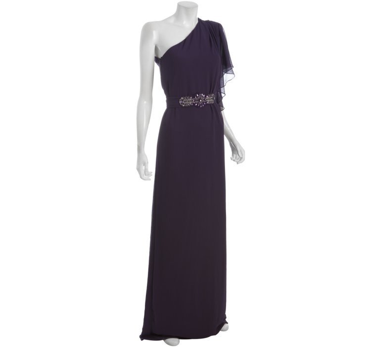 Plum Chiffon Ruffle Evening Party Dresses Belted , One Shoulder Floor Length Skirt