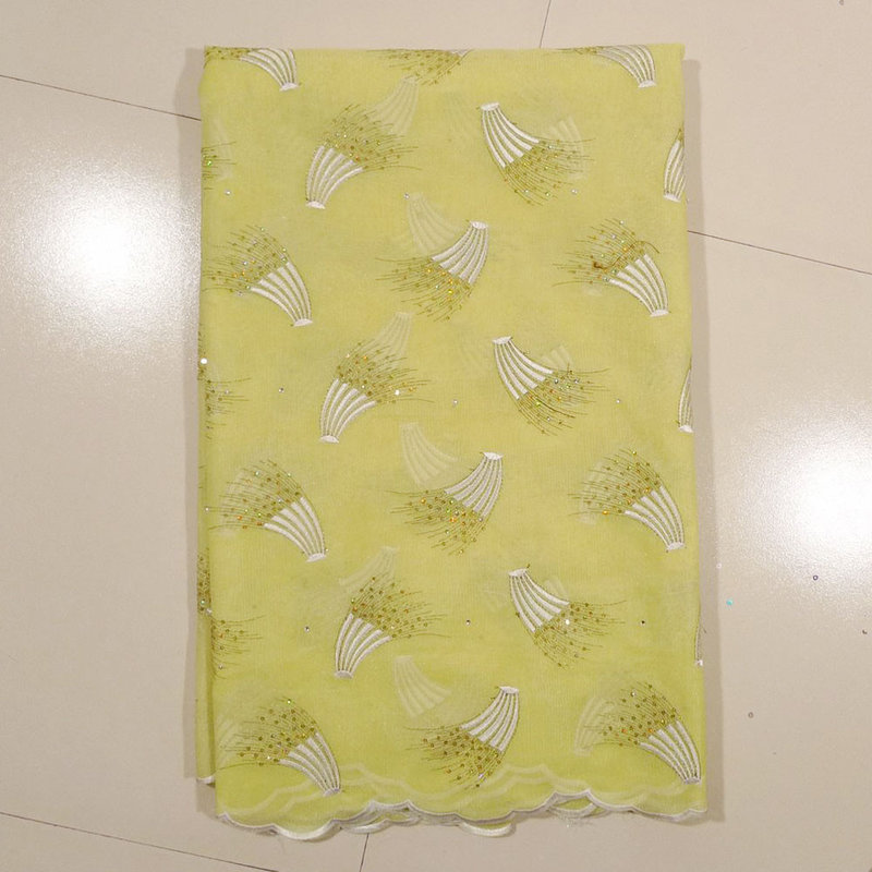 Moving Design Embroidery African Lace Curtain Fabric Peach Yellow Customize / OEM