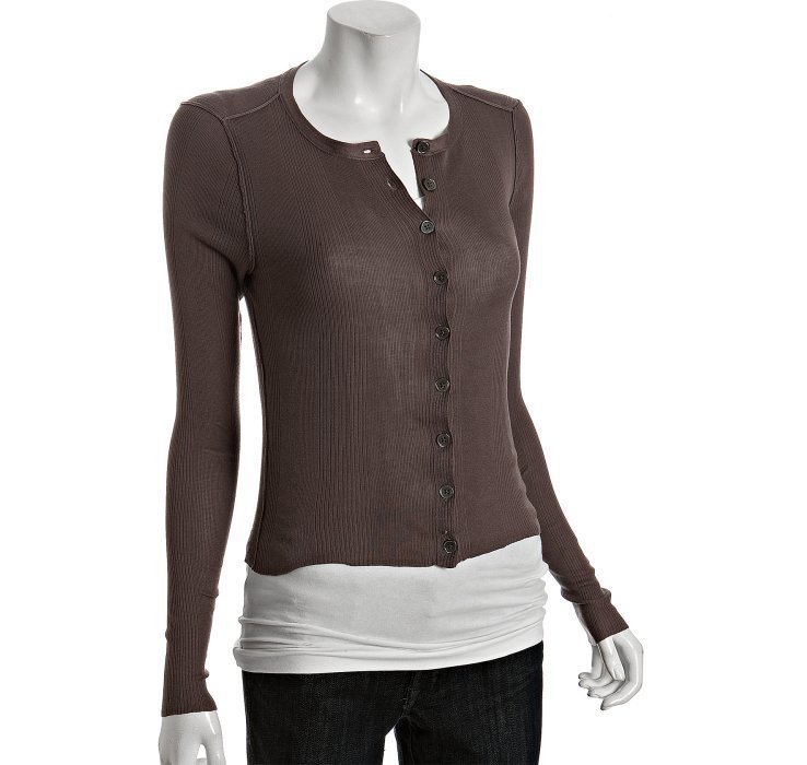 Brown Cotton Crew Neck Ladies Cardigan Sweaters Ribbed With Buttons