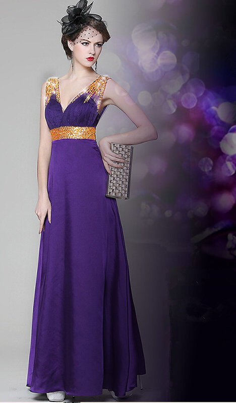 Elegant Purple Ladies V Neck Party Dresses for Birthday / Wedding Party